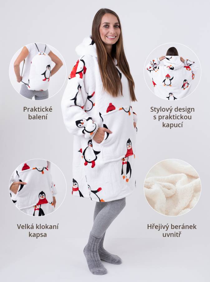 Beránková mikina mikroplyš – Tučňáci bílé velikost L | MKLuzkoviny.cz